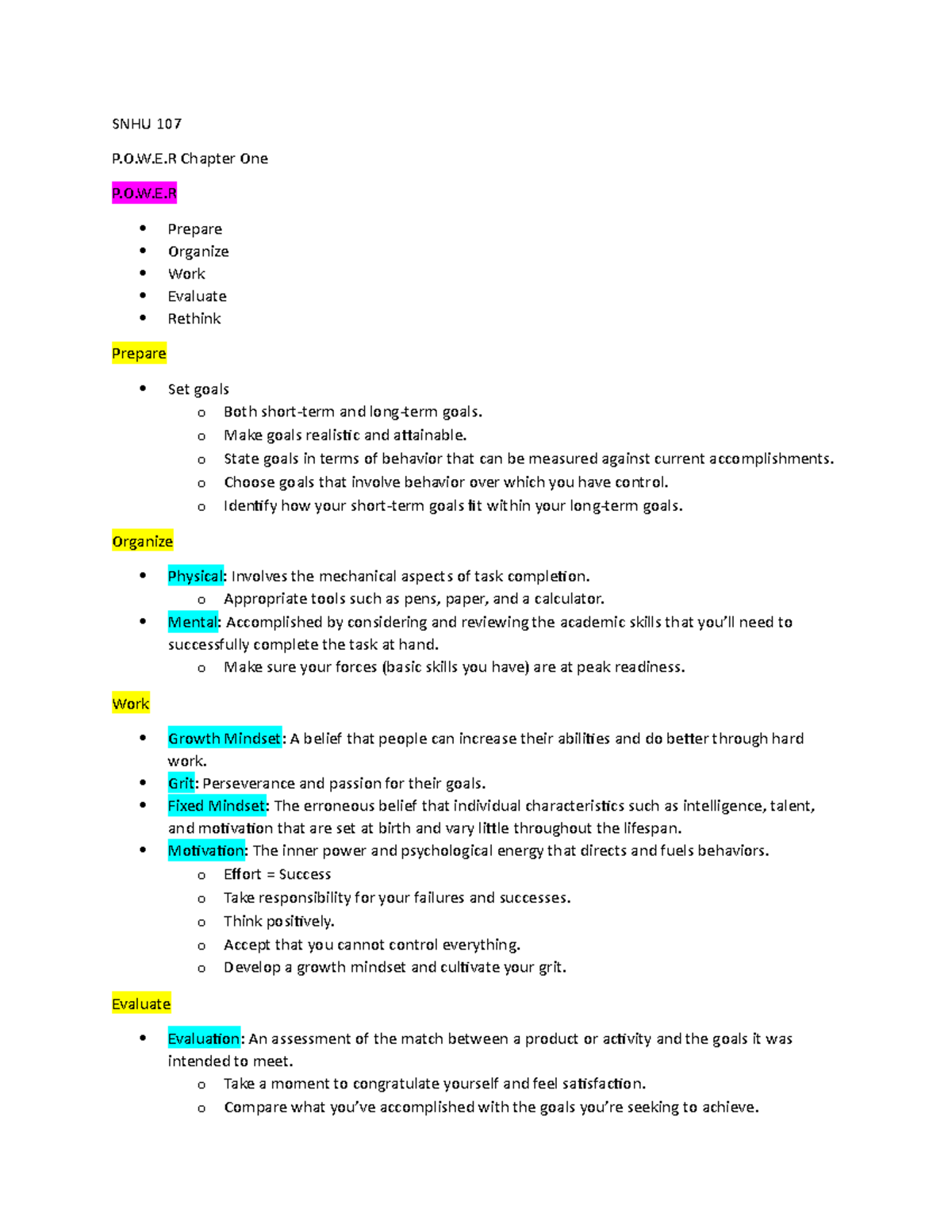 SNHU 107 Module one notes - SNHU 107 P.O.W.E Chapter One P.O.W.E ...