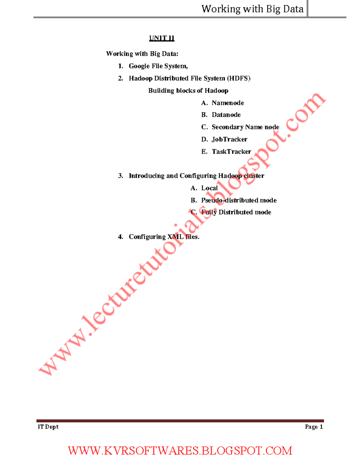 UNIT-2 - data stream - IT Dept Page 1 UNIT II Working with Big Data: 1 ...