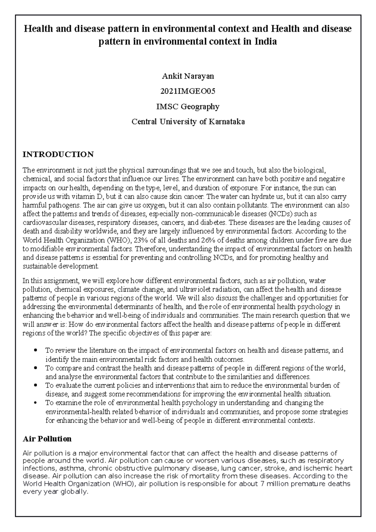 Geography of H ^0 W Assignment - Health and disease pattern in ...