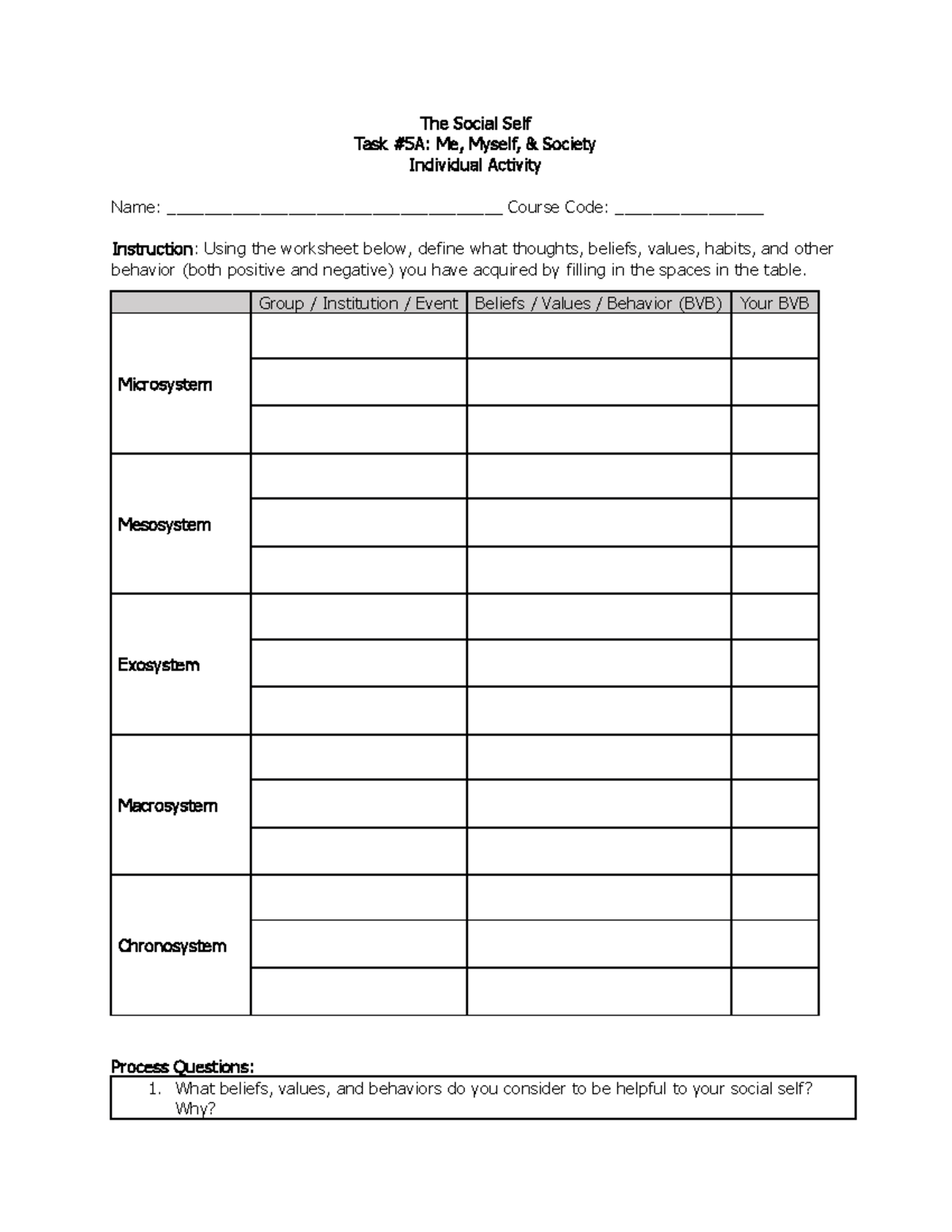Individual Learning Activity - The Social Self Task #5A: Me, Myself ...