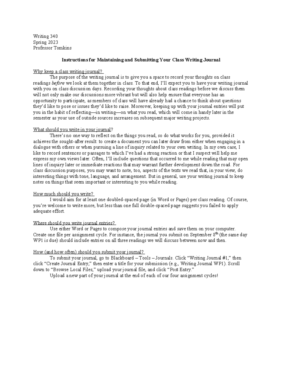 Writing Journal Instructions - Writing 340 Spring 2023 Professor ...