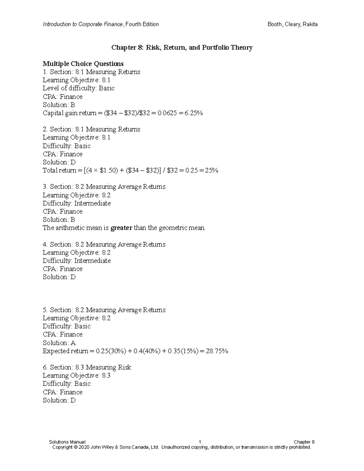 Booth 5e CH 8 SM - Chapter Question - Chapter 8: Risk, Return, and Portfolio Theory Multiple ...