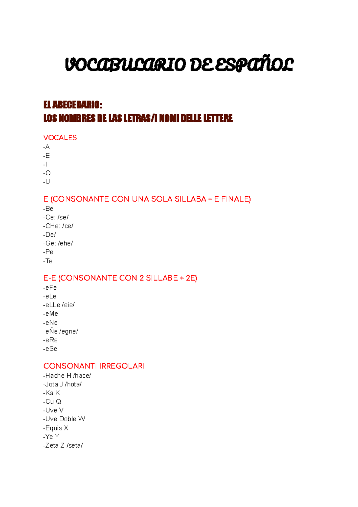 Spagnolo B1 - VOCABULARIO DE ESPAÑOL EL ABECEDARIO: LOS NOMBRES DE LAS ...
