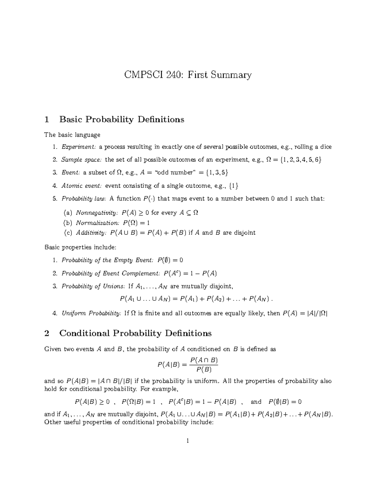 Revision 1 - First 1/4 of course summary - CMPSCI 240: First Summary 1 Basic Probability ...