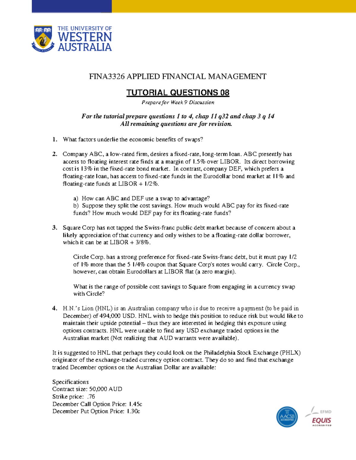 FINA 3326 Tutorial 8 - FINA3326 APPLIED FINANCIAL MANAGEMENT TUTORIAL ...