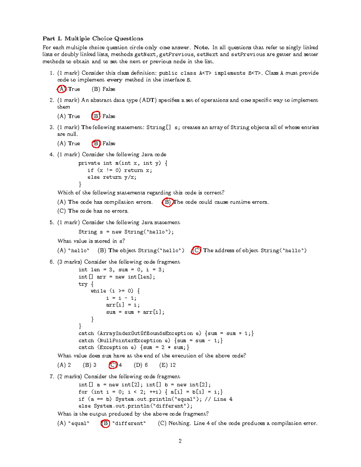 Old Solution - midterm - Part I. Multiple Choice Questions For each multiple choice question ...