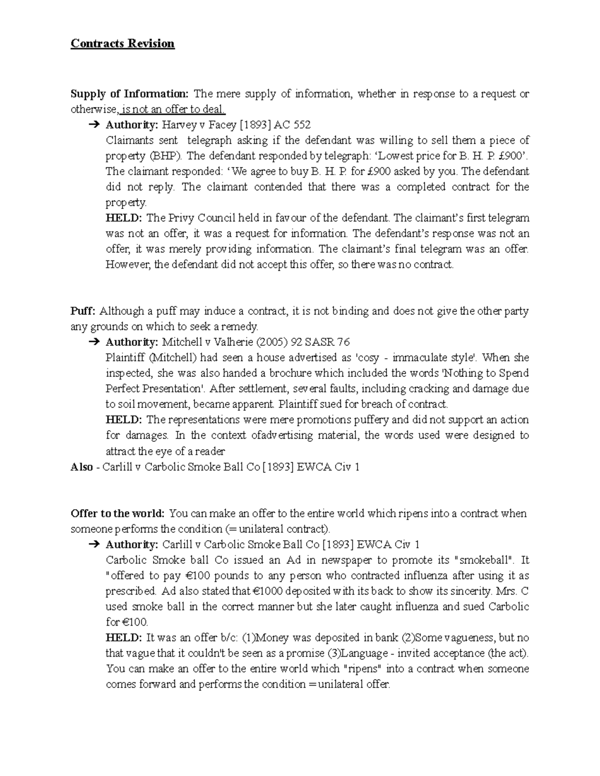 Contracts Revision - Contract law rules with case authority - Supply of ...