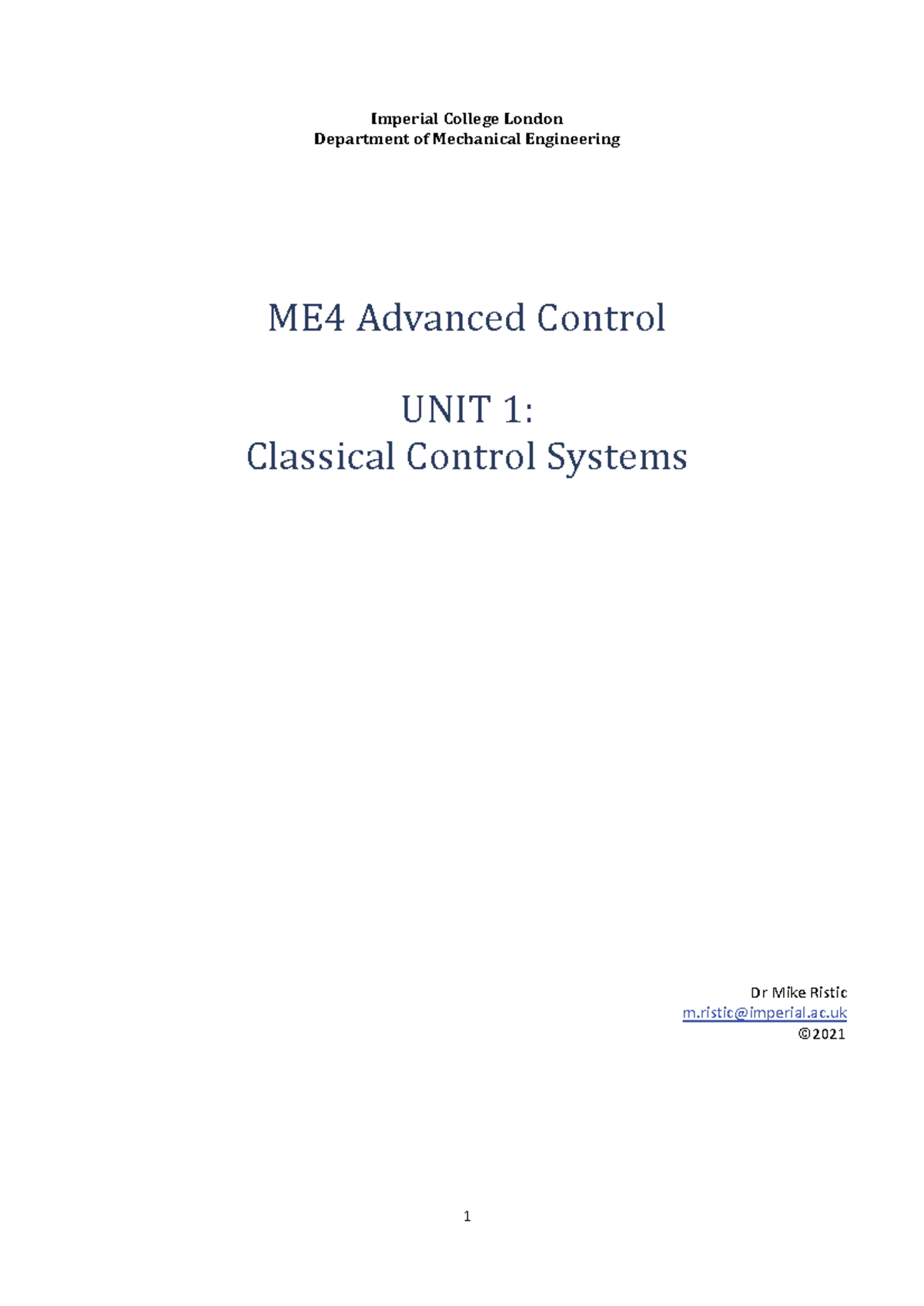 UNIT I - Classical Control Systems - Imperial College London Department ...