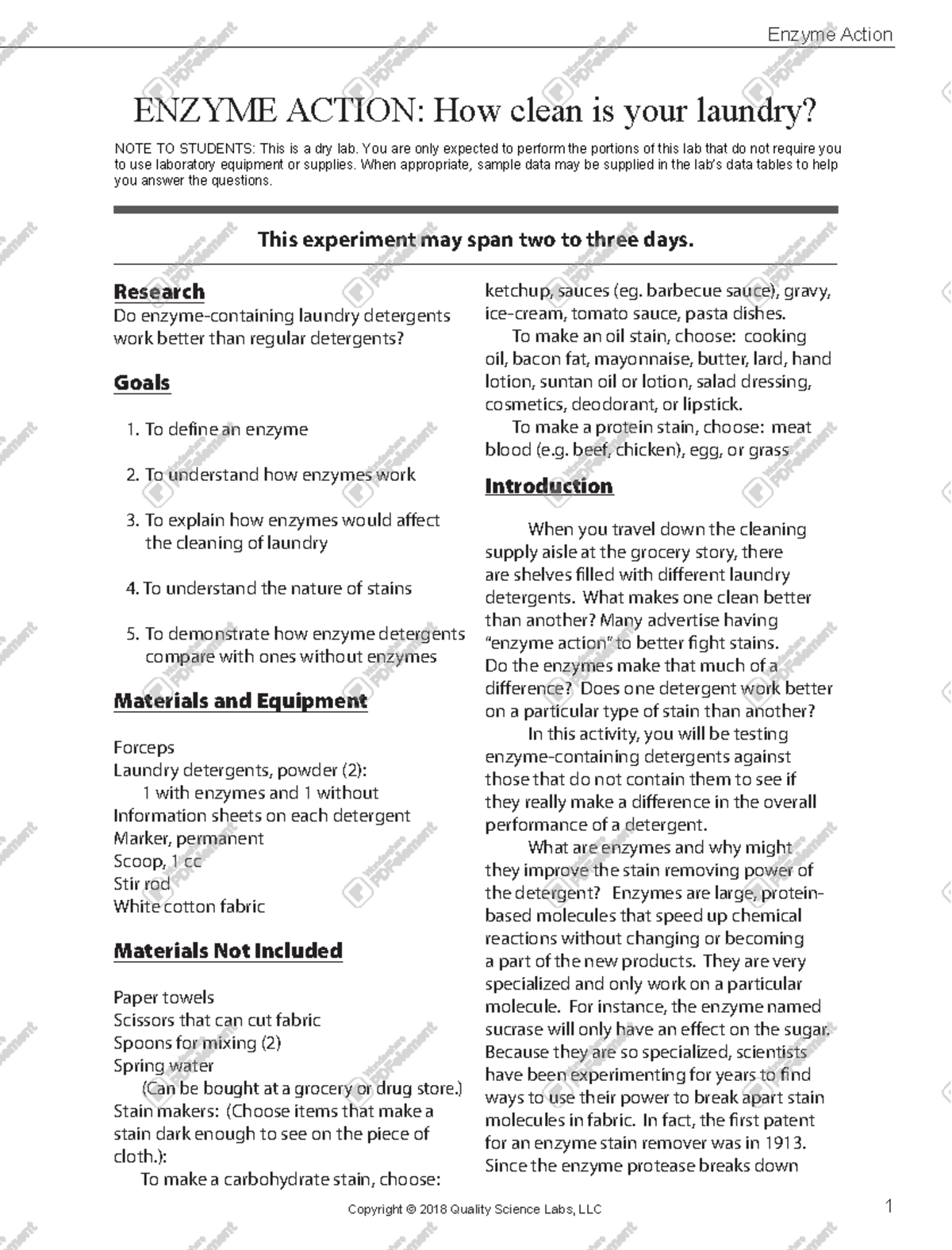 Biology Lab Unit 2 - eee - ENZYME ACTION: How clean is your laundry ...
