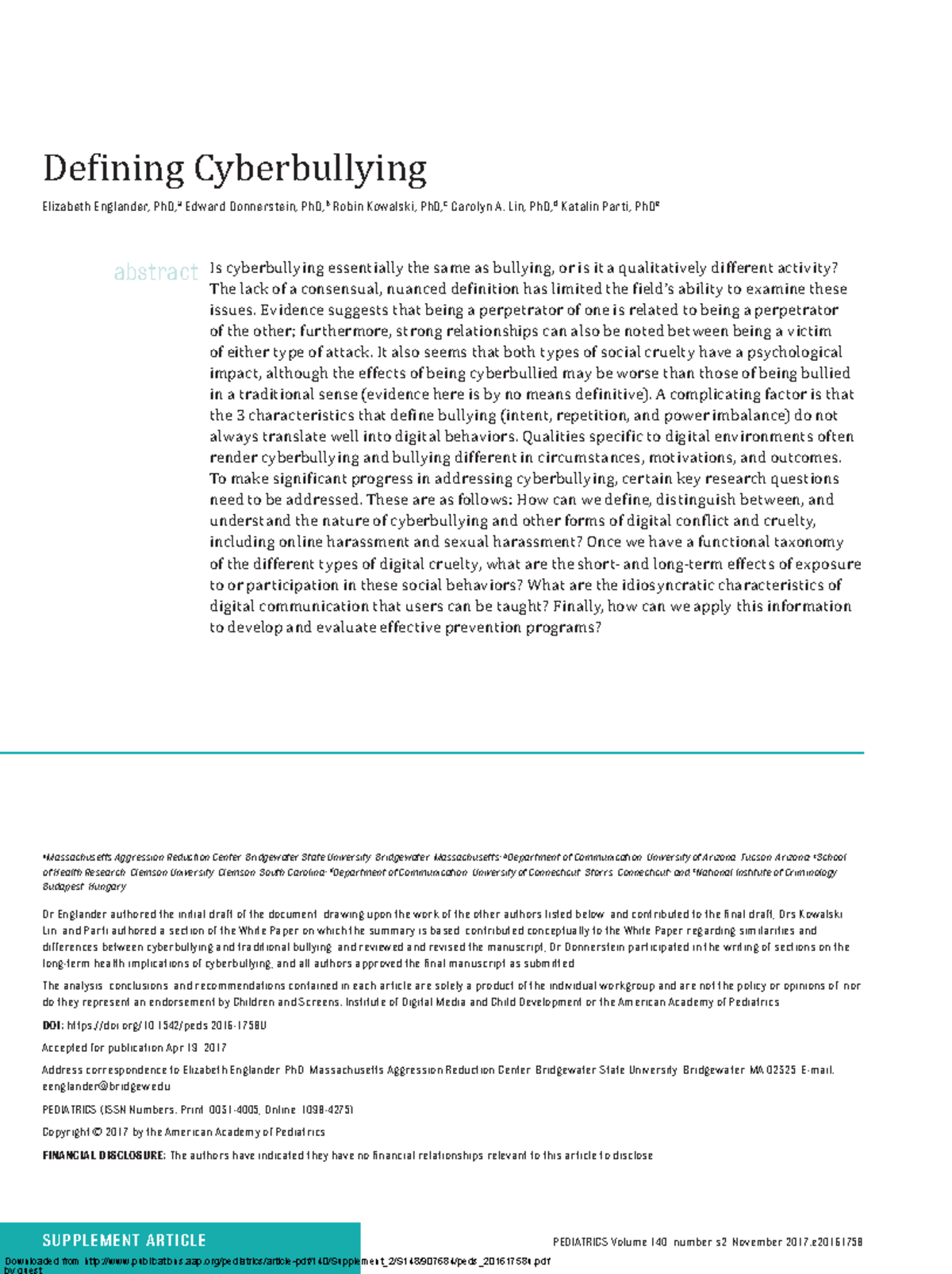 Cyberbully 2 - SUPPLEMENT ARTICLE PEDIATRICS Volume 140, number s2 ...