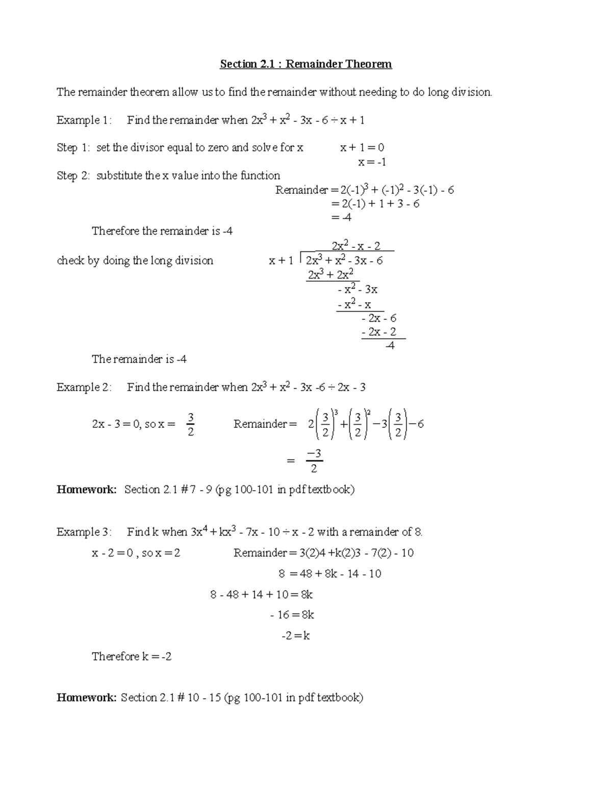 Remainder Theorem - complete - Section 2 : Remainder Theorem The ...