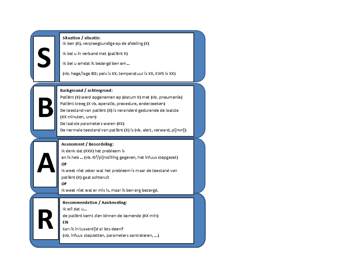 Hulpmiddel SBAR voorbereiden-3 - S B A R Situation / situatie: Ik ben ...