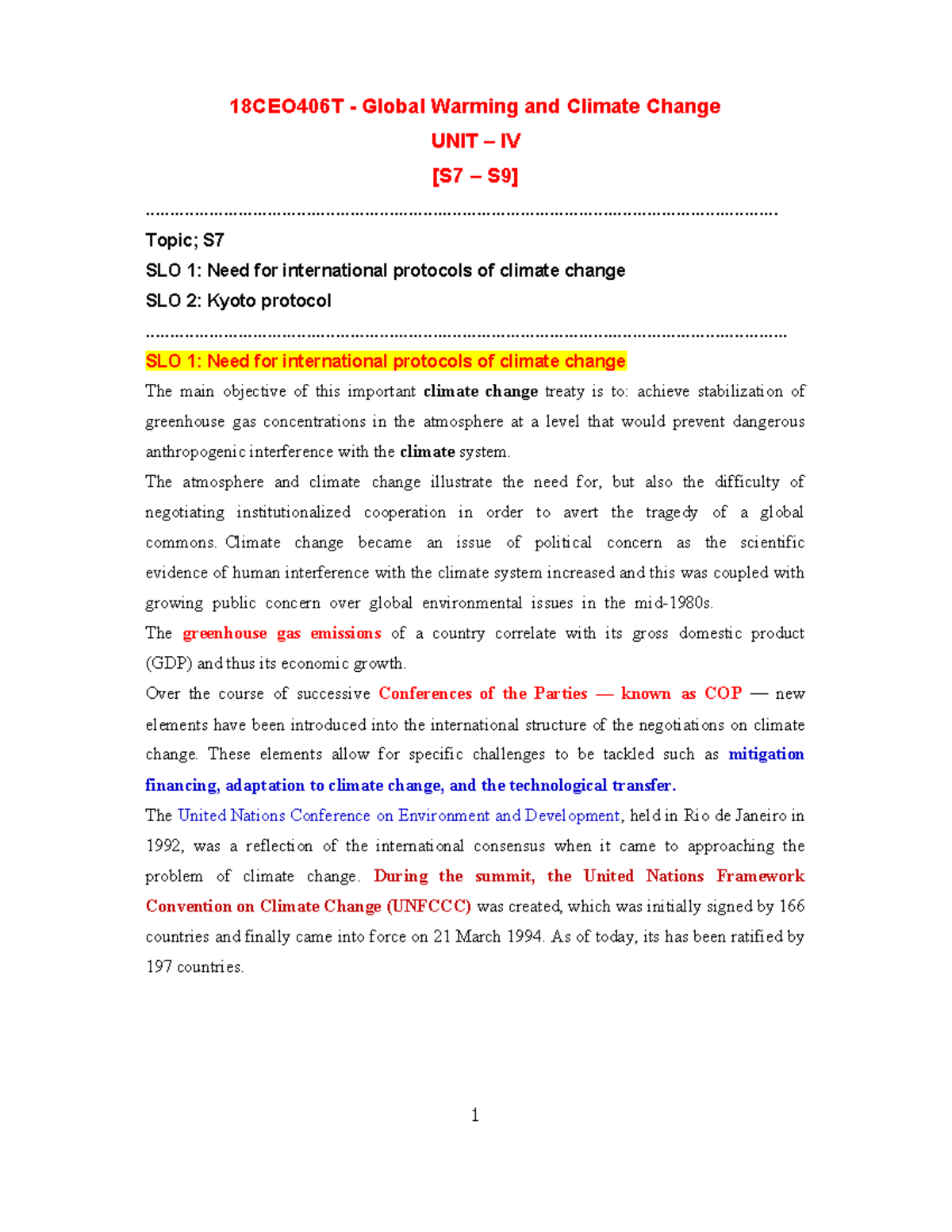 UNIT 4 [S7 -S9] - UNIT 4 study material - 18CEO406T - Global Warming ...