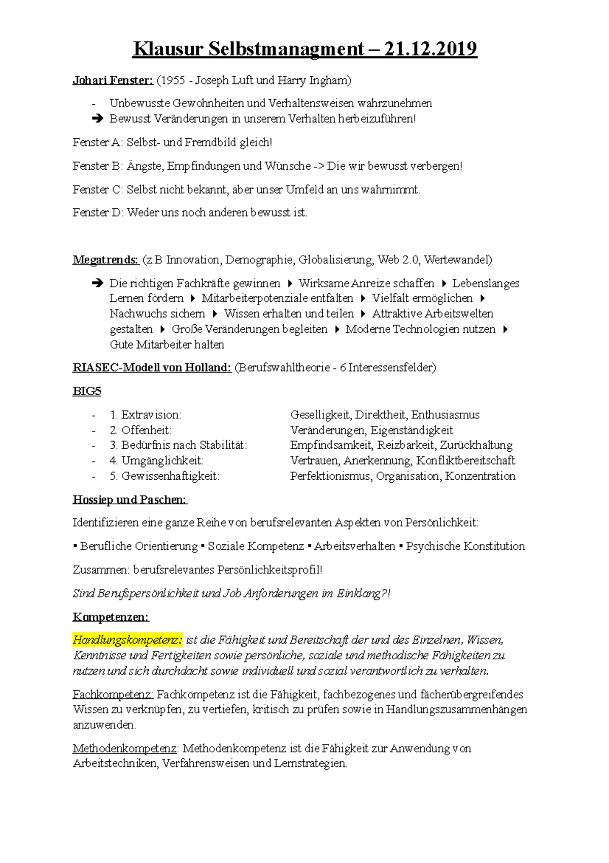 Klausur Vorbereitung - Johari Fenster: (1955 - Joseph Luft und Harry ...