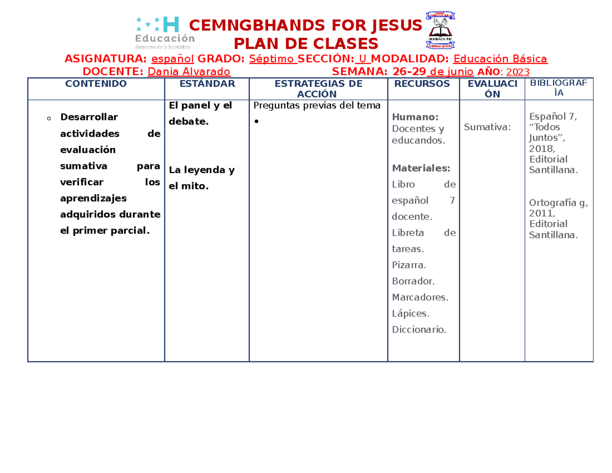 Plan semanal de español - PLAN DE CLASES ASIGNATURA: español GRADO: Séptimo SECCIÓN: U MODALIDAD ...
