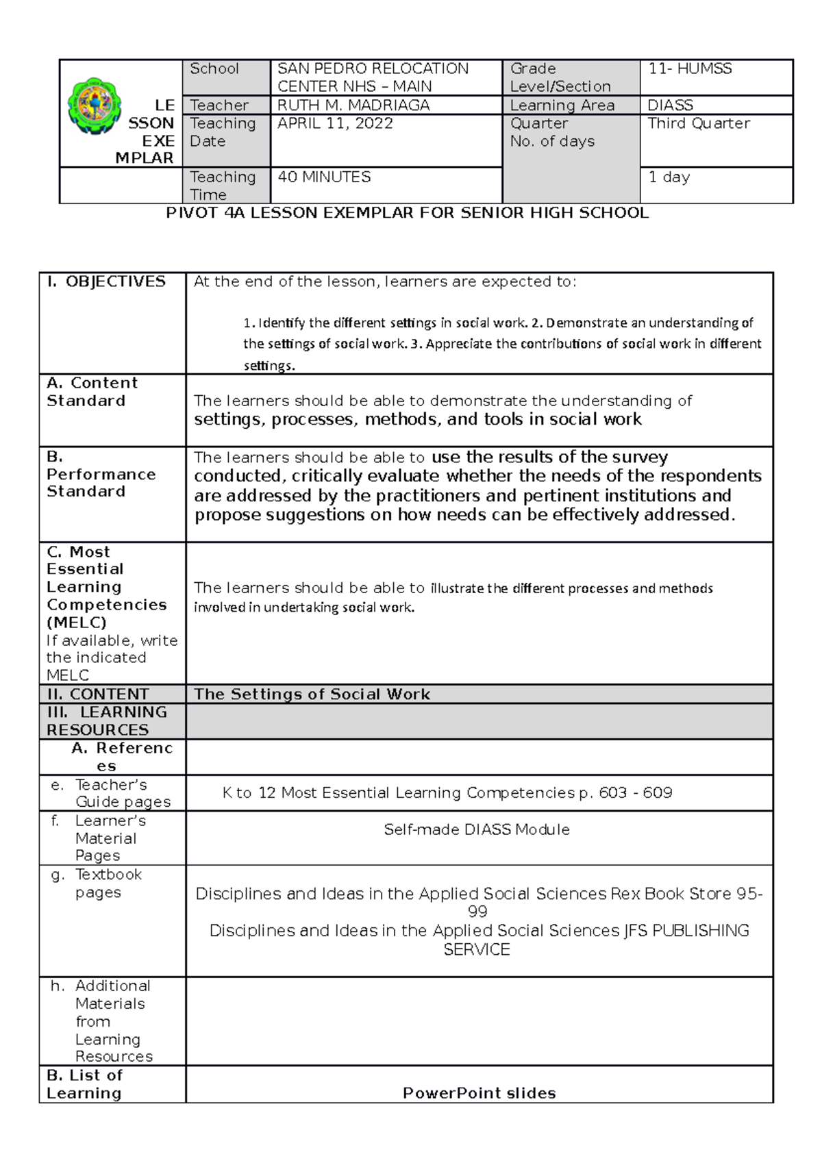 Diass Lesson Exemplar - Science, Technology and Society - LSPU - Studocu