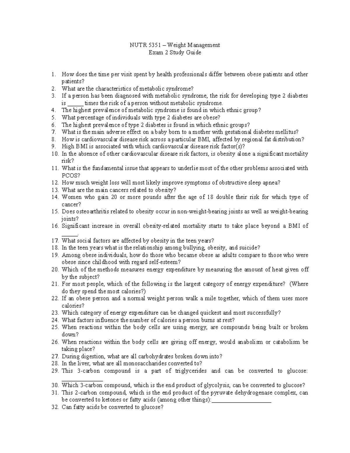 Exam 2 Study Guide 2023 - NUTR 5351 – Weight Management Exam 2 Study ...