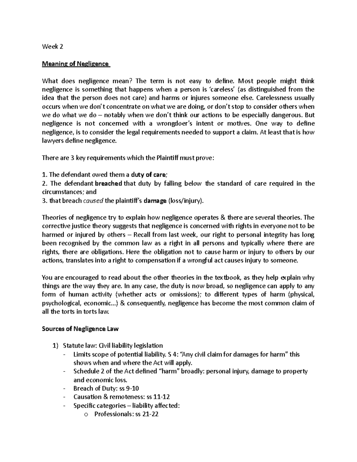 Week 2 - Torts - Week 2 Class Notes with Katrina Pedersen - Week 2 ...