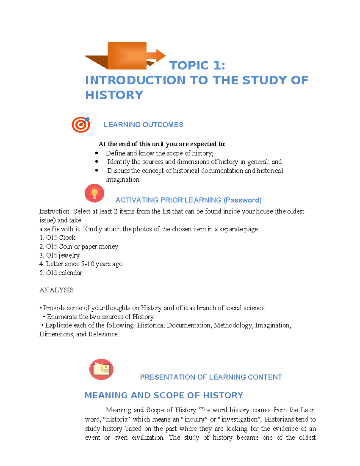 Introduction to the Study of History - TOPIC 1: INTRODUCTION TO THE ...