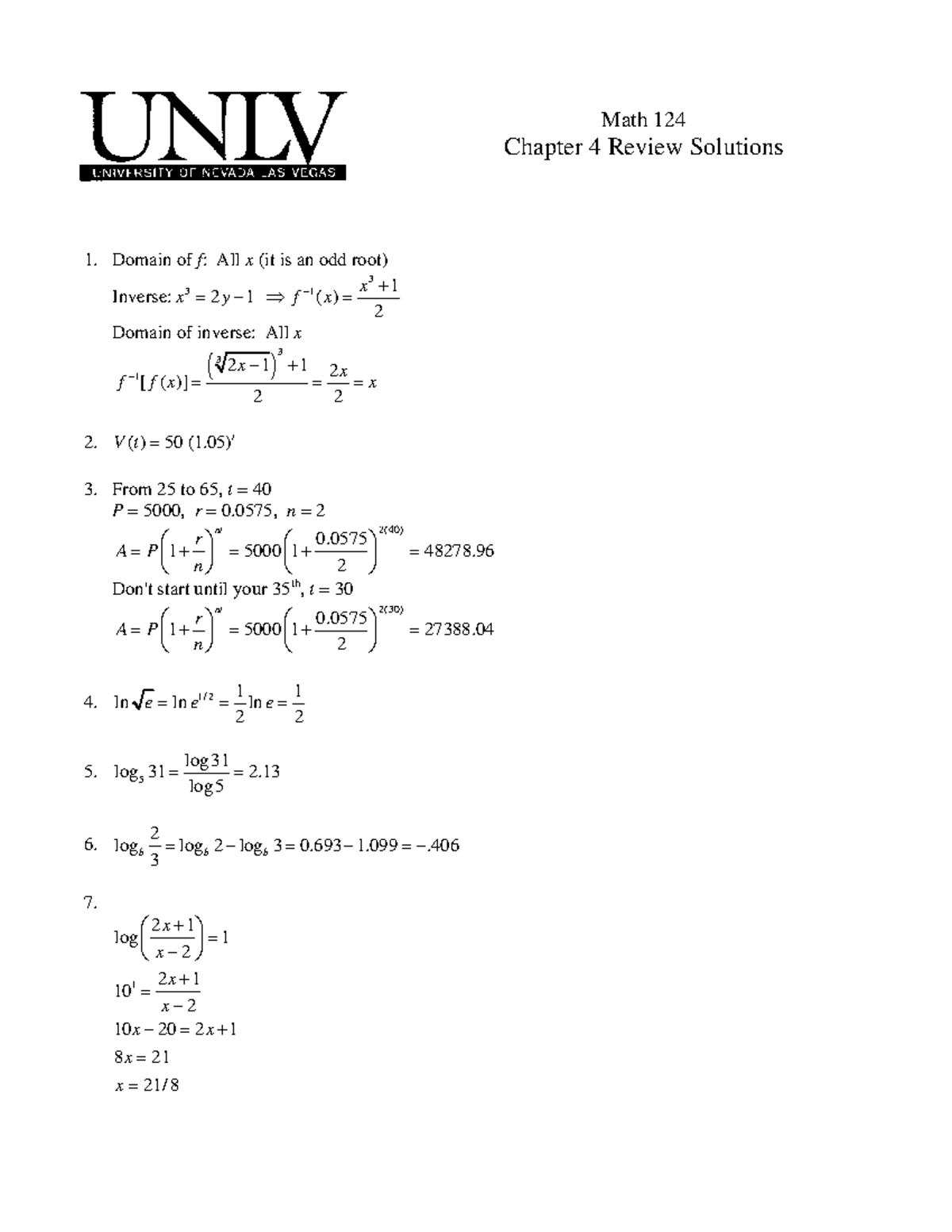 Review 04-Soln - Math 124 Chapter 4 Review Solutions 1. Domain of f ...