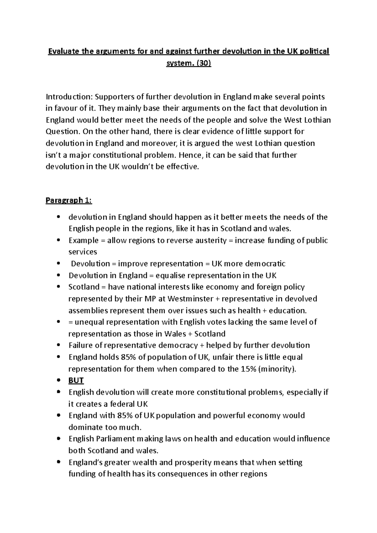 Argumenst for and against further devolution in the UK political system ...