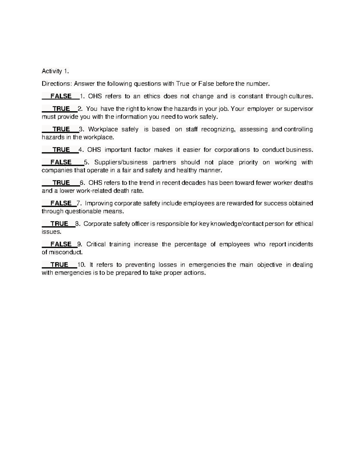 Basic ohs - Activity 1. Directions: Answer the following questions with True or False before ...