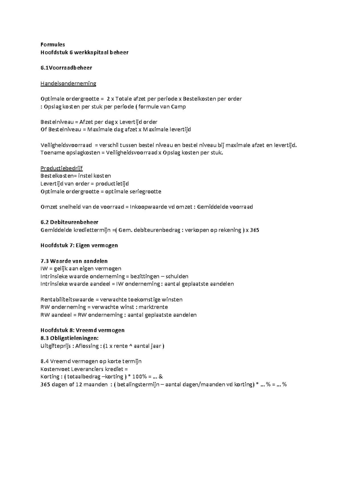 Samenvatting Financiering - Formules Hoofdstuk 6 werkkapitaal beheer 6 ...