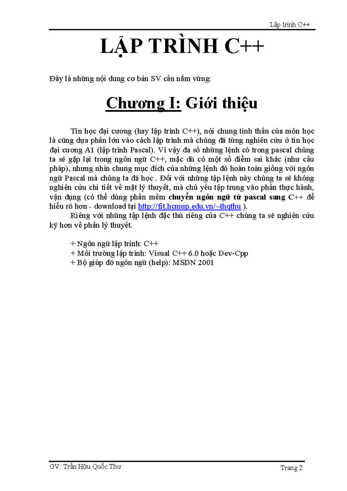 Tài liệu C++ cơ bản - spam spam - L P TRÌNH C++ ðây là nh ng n i dung cơ b%n SV c n n'm v ng ...
