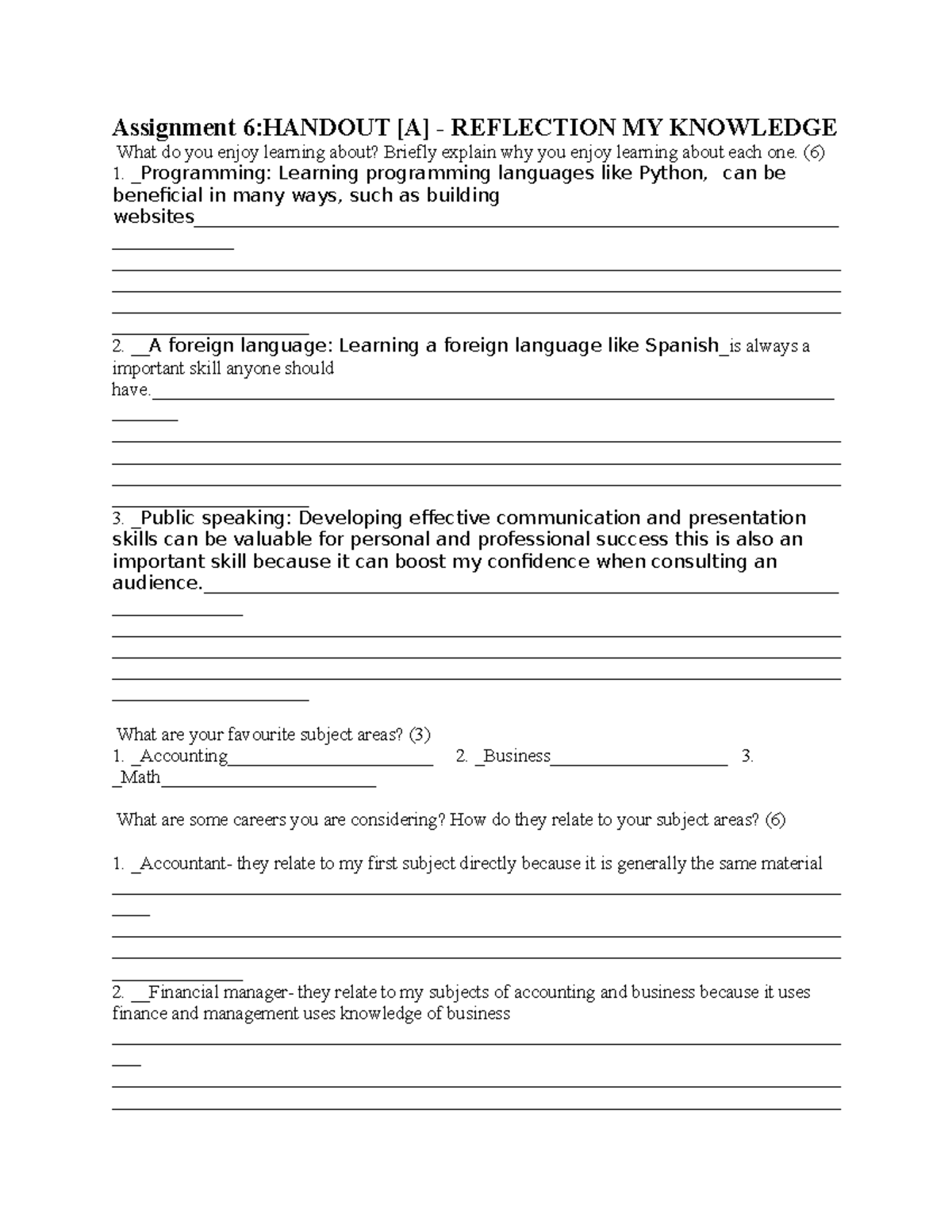 Assignment 6 Knowledge - Assignment 6:HANDOUT [A] - REFLECTION MY ...