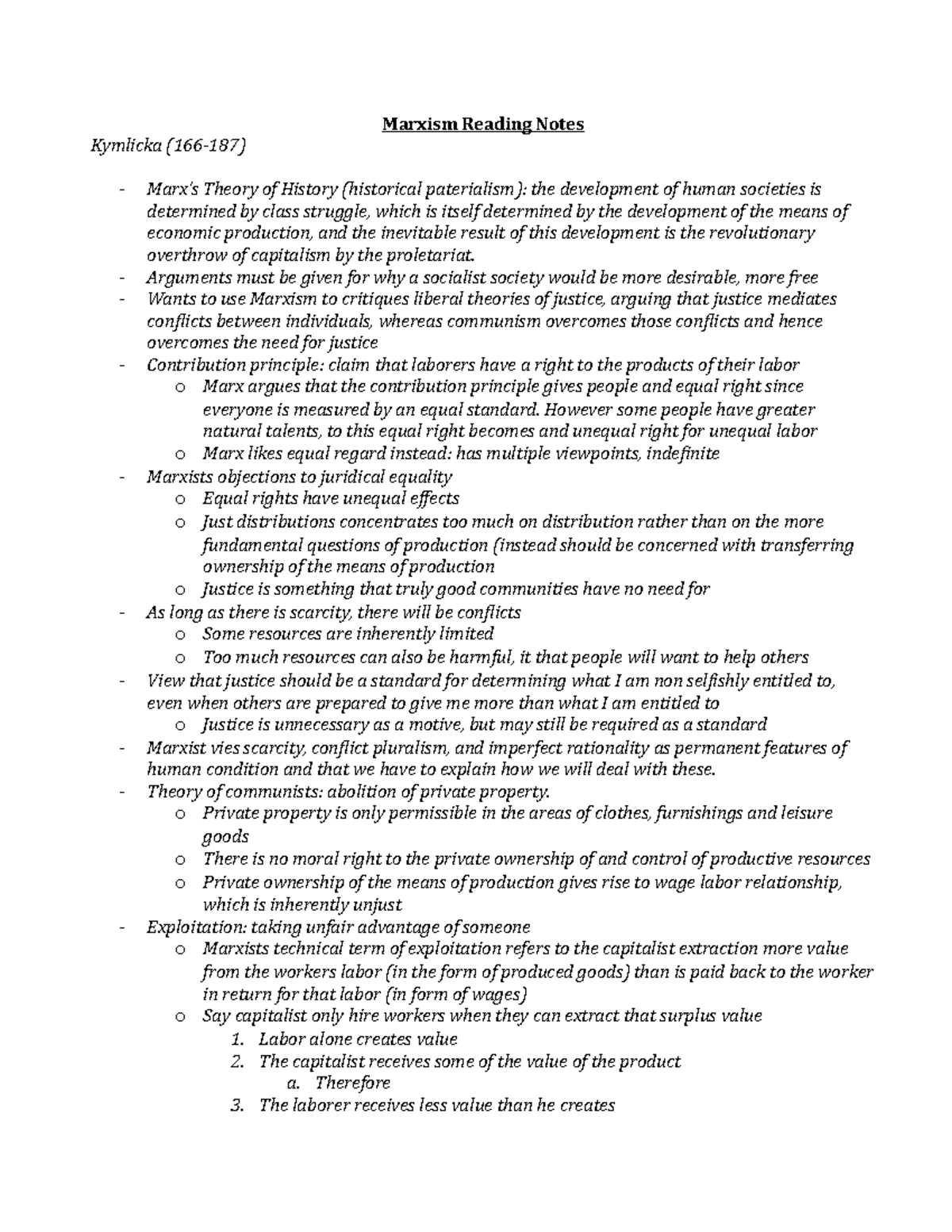 Marxism Reading Notes - Marxism Reading Notes Kymlicka (166-187) Marx’s ...