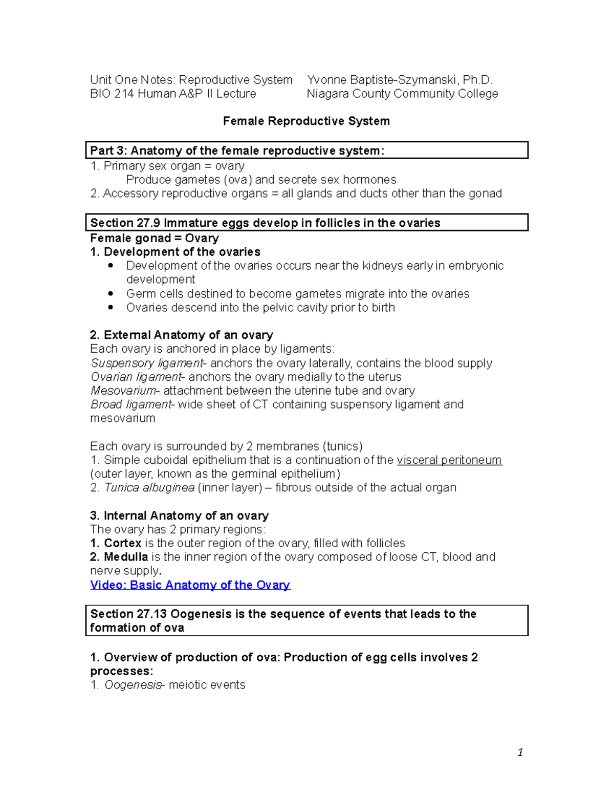 Female reproductive system (bio 214) - Unit One Notes: Reproductive ...