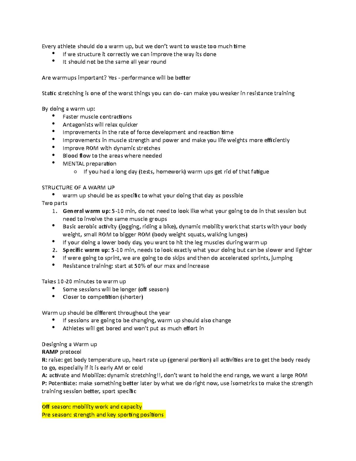 Warm up - dr taber lecture notes - Every athlete should do a warm up ...