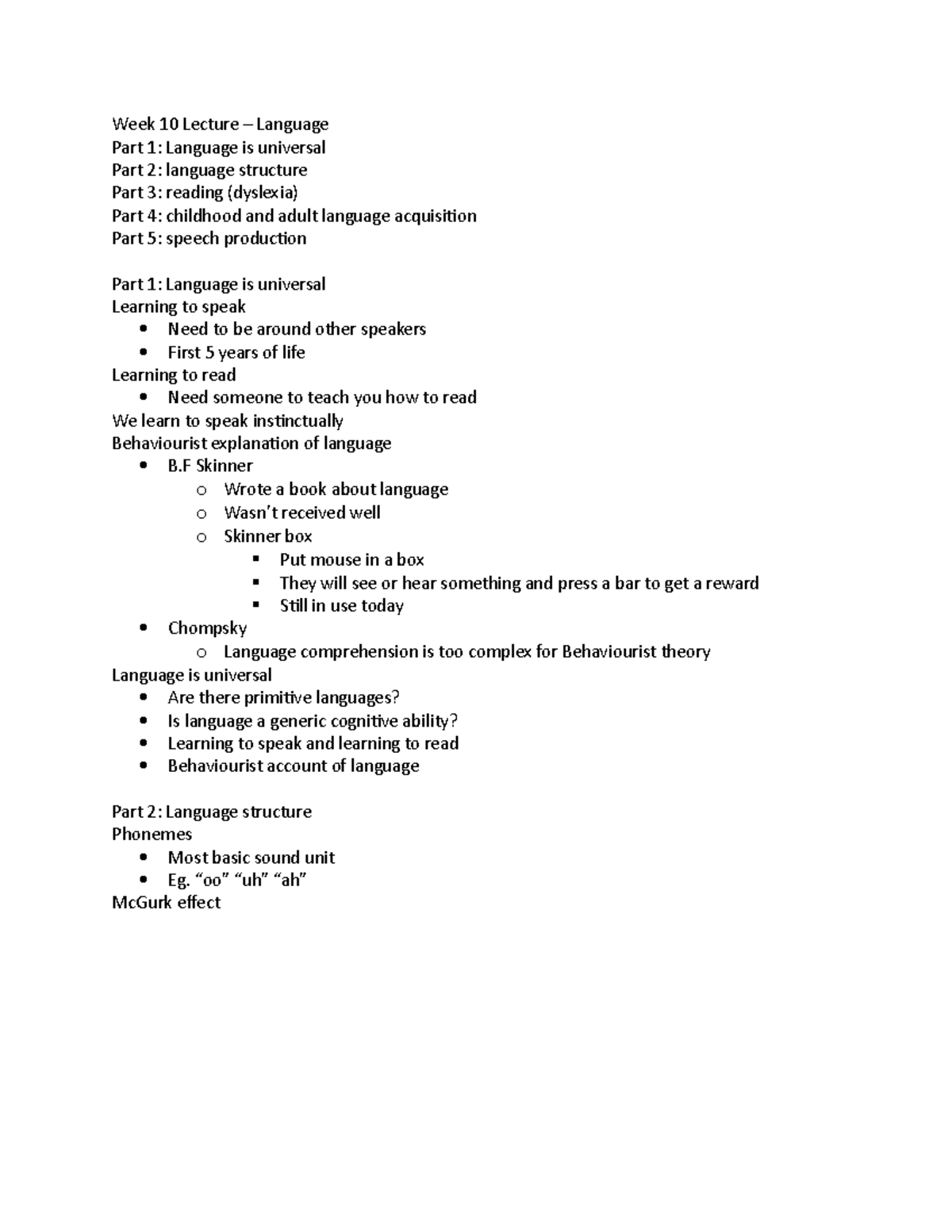 Week 10 Lecture - Language - Week 10 Lecture – Language Part 1 ...