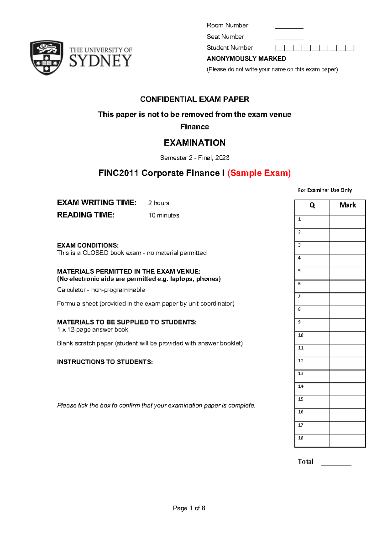 FINC2011 Sample Final Exam S2 2023 - CONFIDENTIAL EXAM PAPER This paper is not to be removed ...