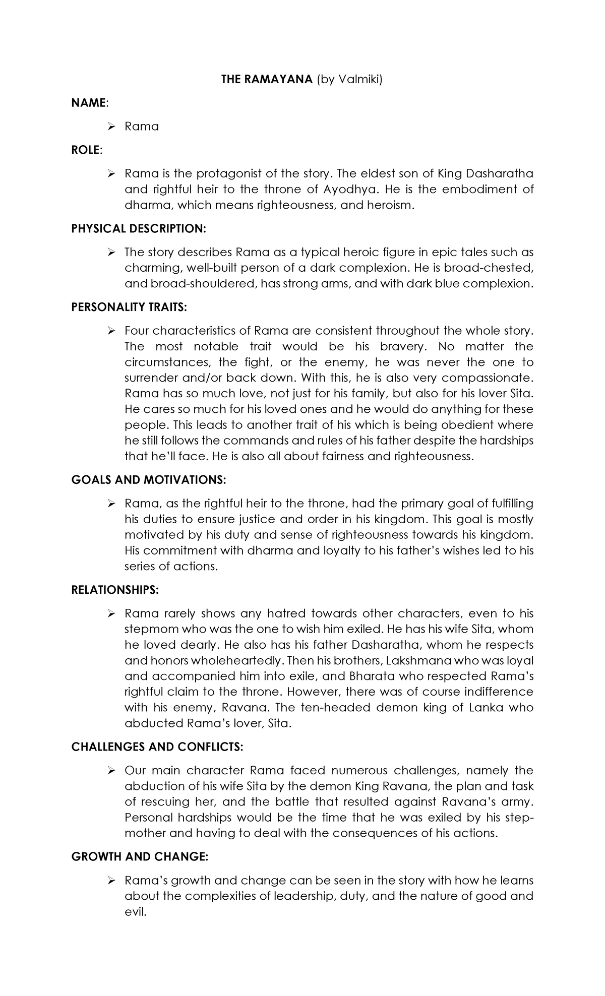 RAMA - RAMA SUMMARY - THE RAMAYANA (by Valmiki) NAME: Rama ROLE: Rama ...