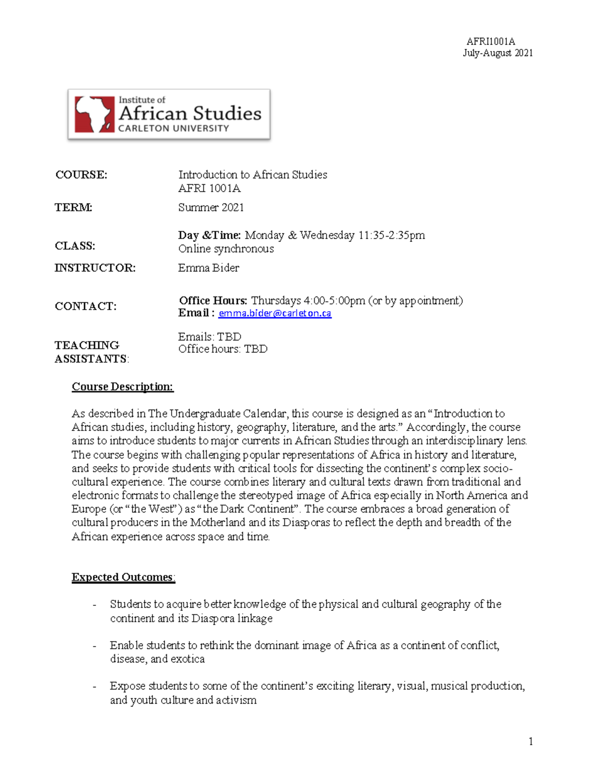 Afri1001 Syllabus Jul Aug 2021 Africa July August 2021 Course Introduction To African