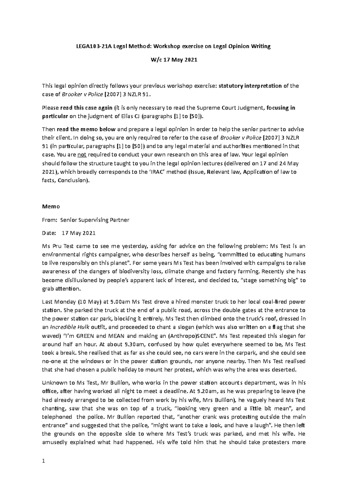 Legal Method workshop on Legal Opinion Writing - LEGA103-21A Legal ...