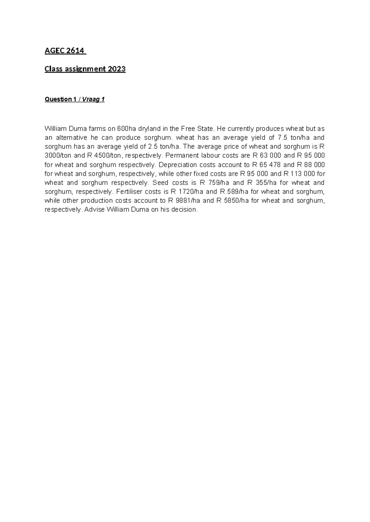 Partial B Assignment Practice Examples Agec 2614 Class Assignment