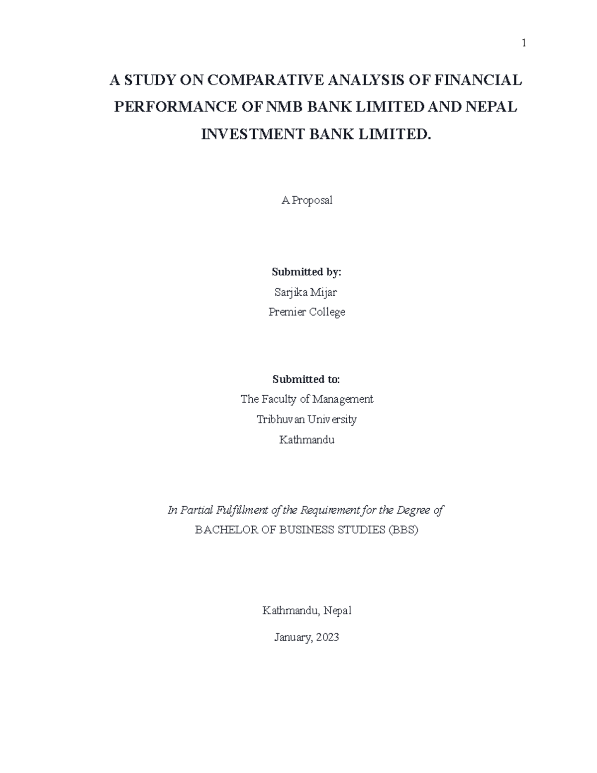Proposal - A STUDY ON COMPARATIVE ANALYSIS OF FINANCIAL PERFORMANCE OF ...