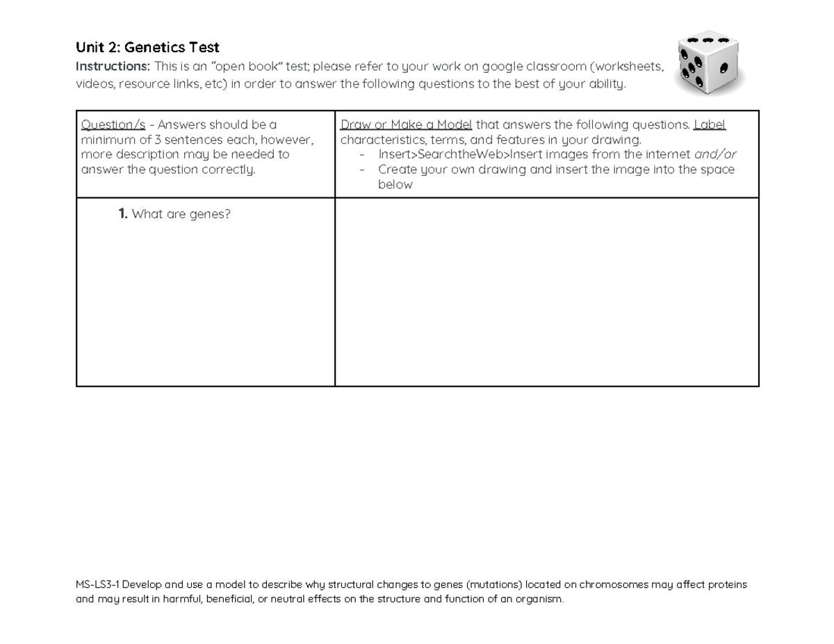 Edited - Gabrielle Loftesnes - Unit 2 Genetics Test - Instructions ...
