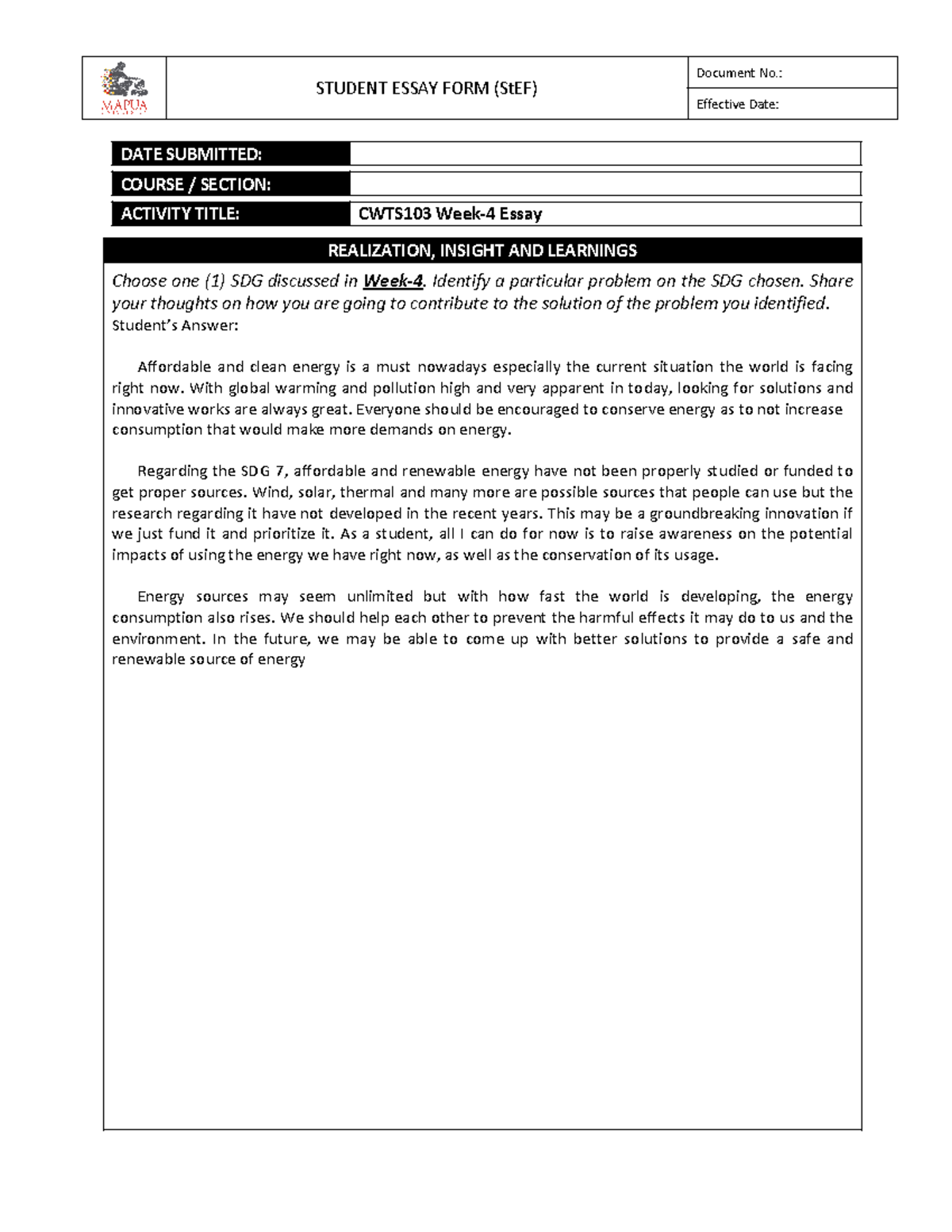MAPUA-CWTS-A72-E4 - STUDENT ESSAY FORM (StEF) Document No.: Effective ...