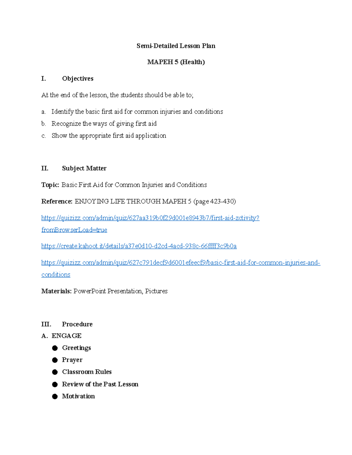 Final Demo Lesson Plan In Health 5 Semi Detailed Lesson Plan MAPEH 5 