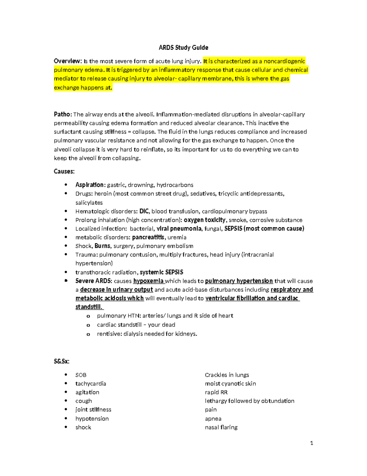 ARDS Study Guide - nursing stuff - ARDS Study Guide Overview: Is the ...