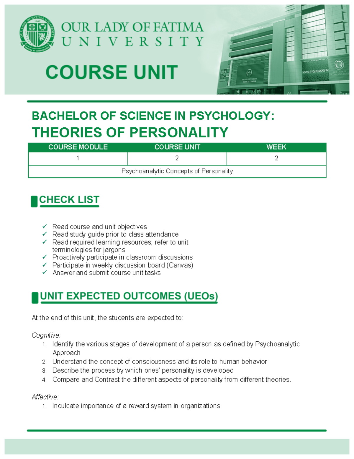 1 - Course Unit (Freud) - BACHELOR OF SCIENCE IN PSYCHOLOGY: THEORIES ...