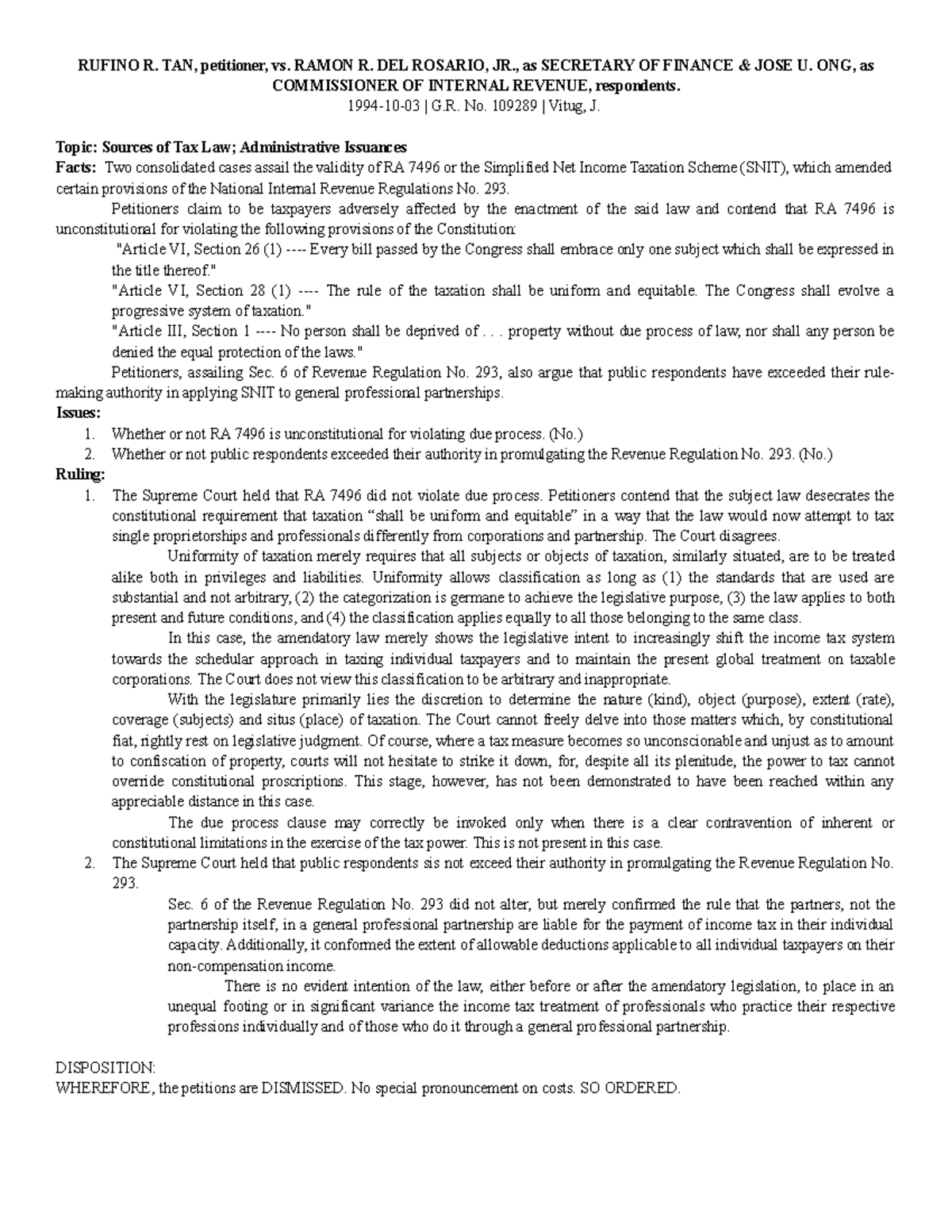 Tan v Del Rosario Case Digest - RUFINO R. TAN, petitioner, vs. RAMON R ...