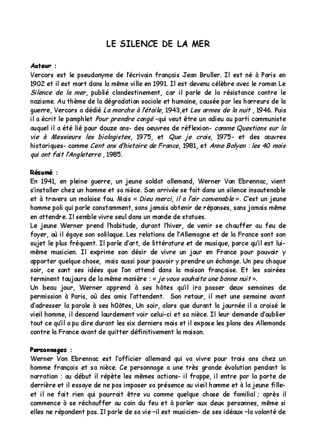 Fiche FAC Simile - LE SILENCE DE LA MER Auteur : Vercors est le ...