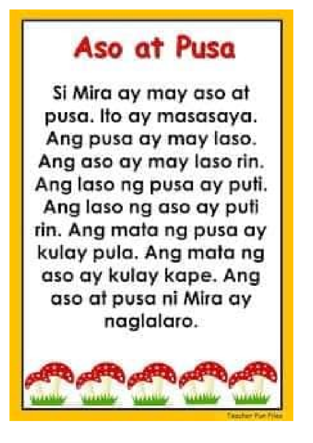 Pagsasanay sa Pagbasa (Set 3) - Aso at Pusa Si Mira ay may aso at pusa ...