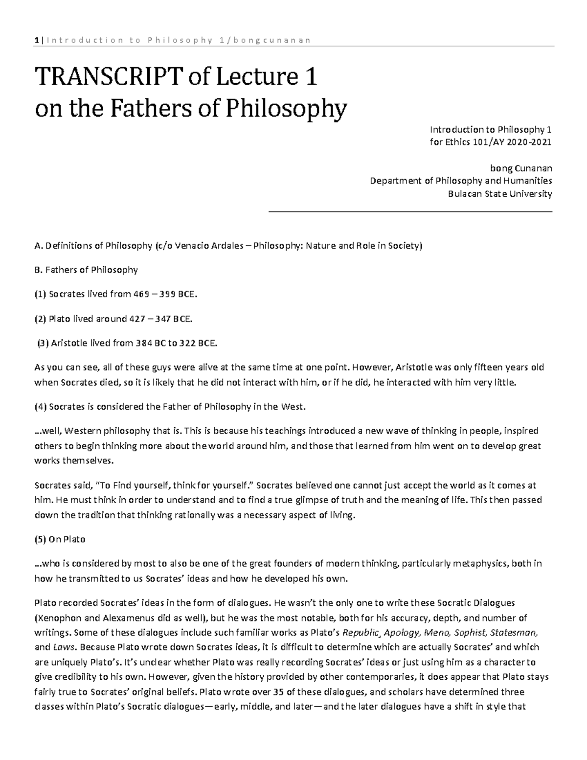 Study Transcript of the Lecture on the Fathers of Philosophy, 2020 - TRANSCRIPT of Lecture 1 on ...