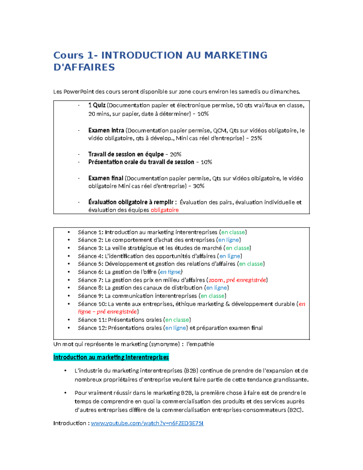 Note de cours - Marketing interentreprises - Cours 1- INTRODUCTION AU MARKETING D'AFFAIRES Les ...