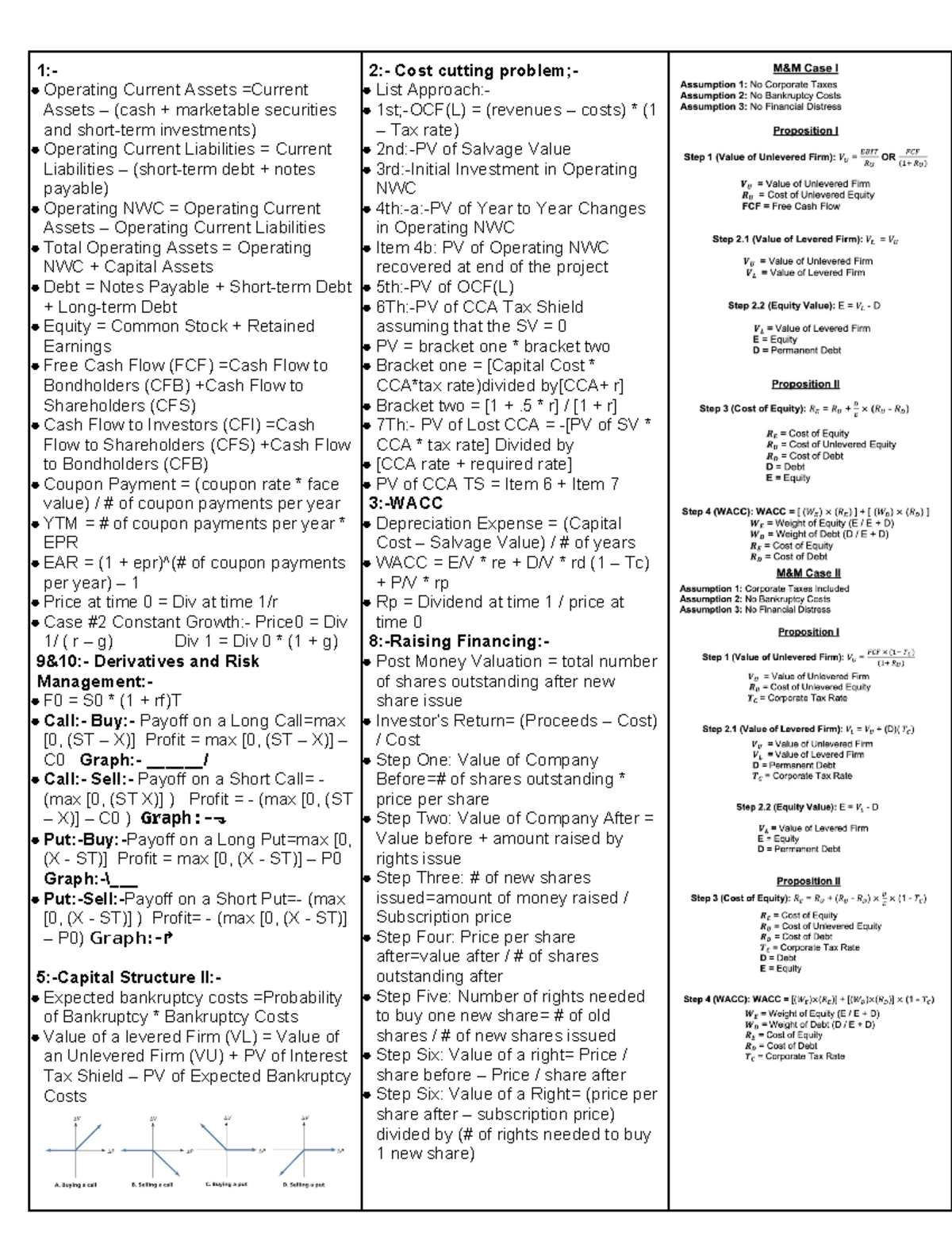 Fin 401 Formula Sheet - 1:- Operating Current Assets =Current Assets – (cash + marketable - Studocu
